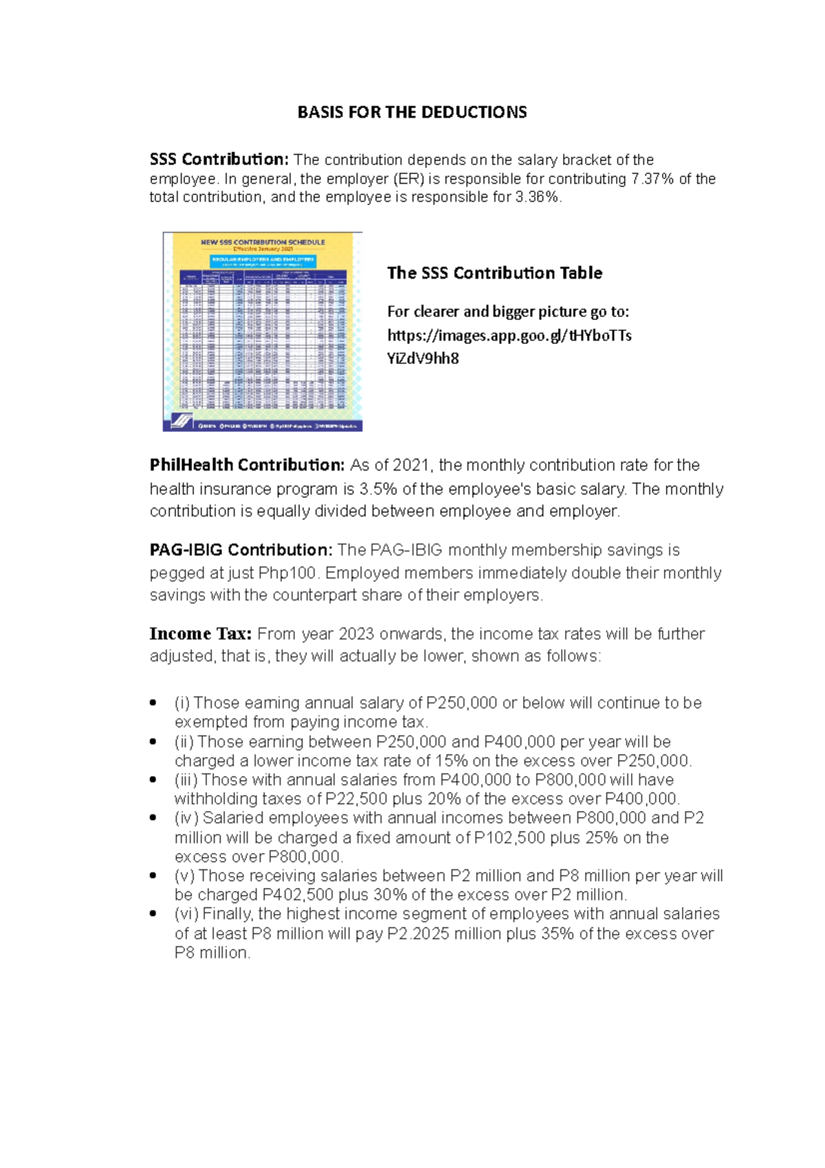 Basis FOR THE Deductions - BASIS FOR THE DEDUCTIONS SSS Contribution ...