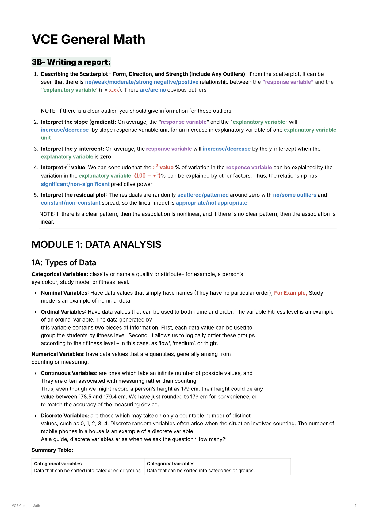 VCE General Math Final Exam Notes: Data Analysis & Interpretation - Studocu