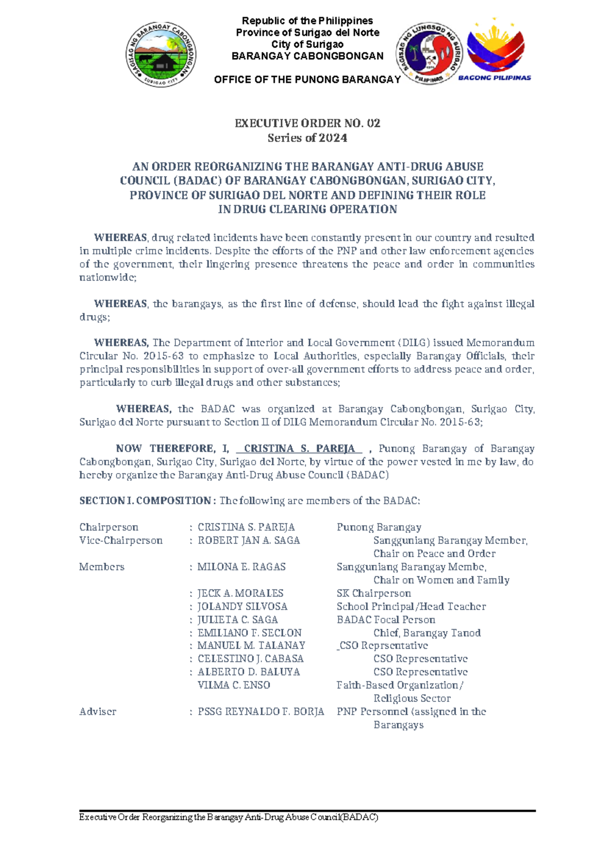 Executive Order No. 02: BADAC Reorganization in Cabongbongan - Studocu