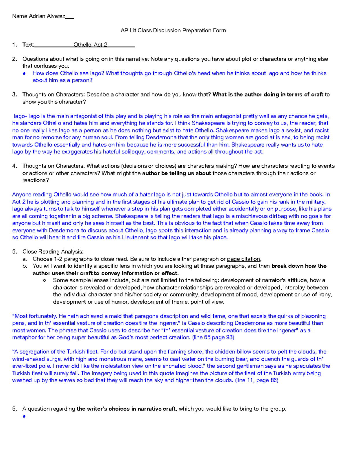 AP Lit Class Discussion Prep: Othello Analysis & Questions - Studocu