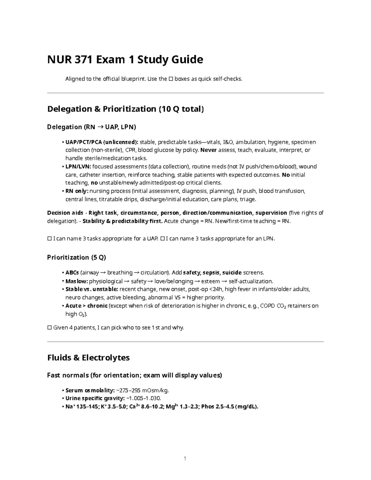 NUR 371 Exam 1 Study Guide: Fluids, Electrolytes & Respiratory Care ...
