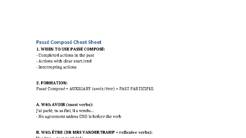 FR101: Passé Composé Cheat Sheet for French Grammar - Studocu