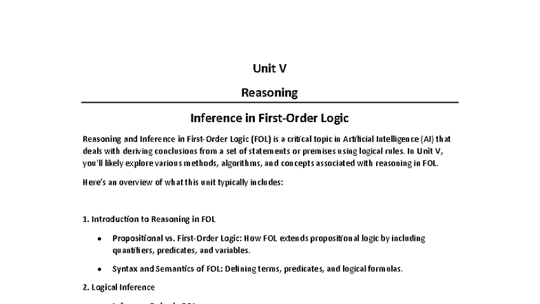 AI(UN-05) - Unit V: Reasoning and Inference in First-Order Logic - Studocu