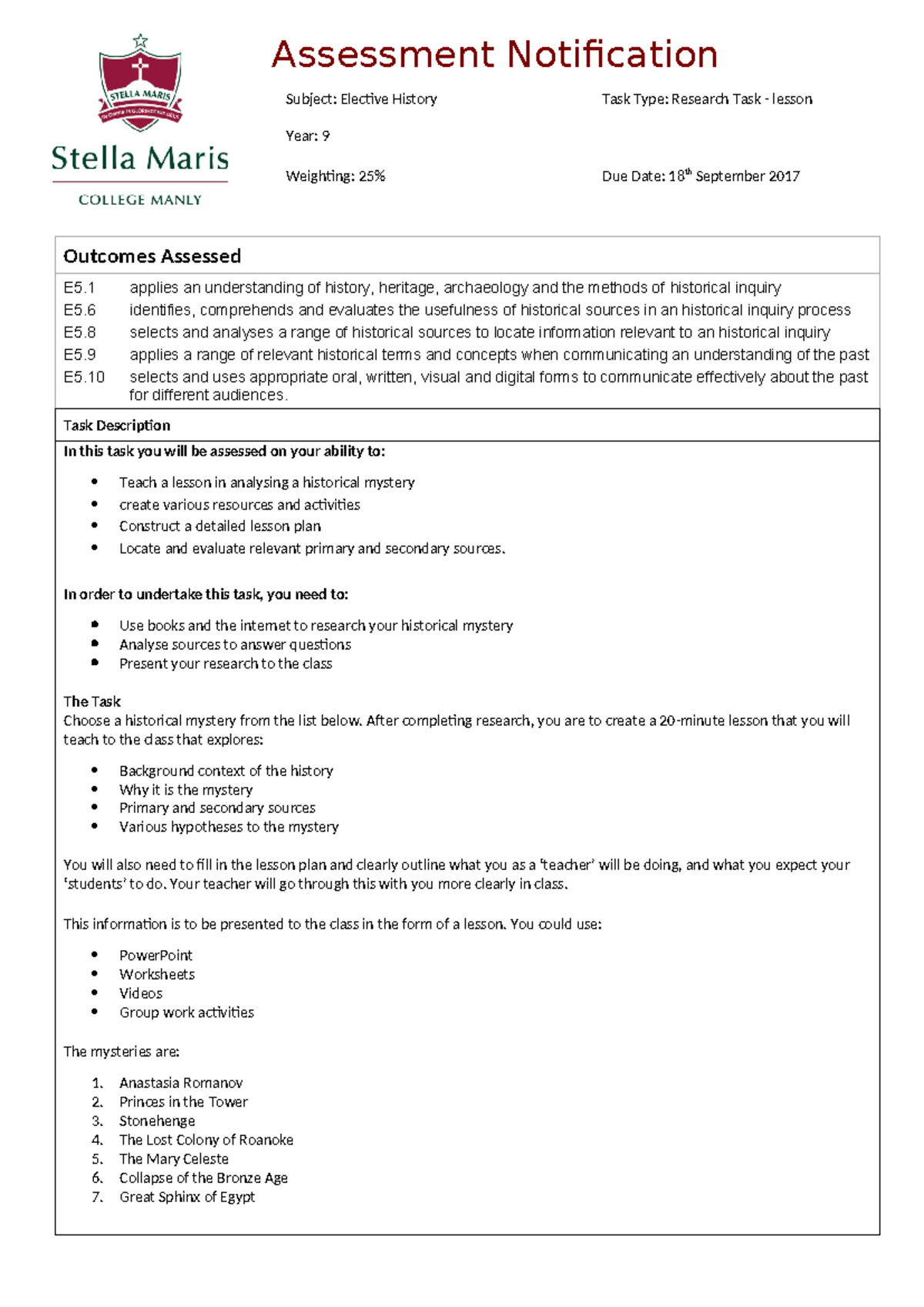 Year 9 Elective History Research Task: Historical Mysteries Lesson Plan ...