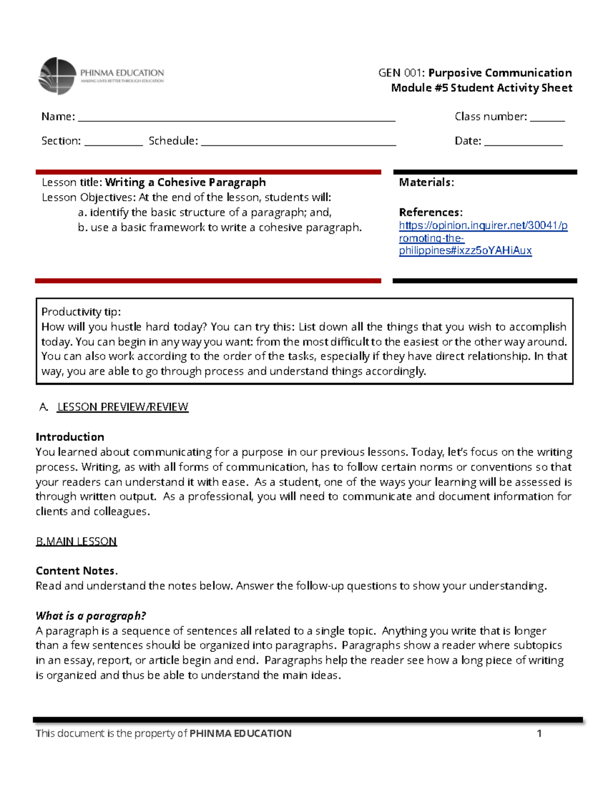 Module 5: Writing a Cohesive Paragraph Activity Sheet - Studocu