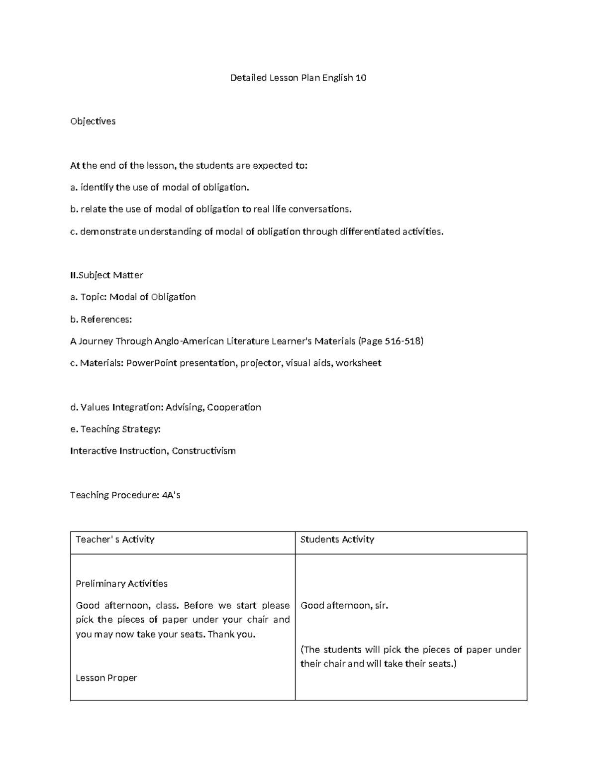 Lesson PLAN FOR MY DEMO - Detailed Lesson Plan English 10 Objectives At ...