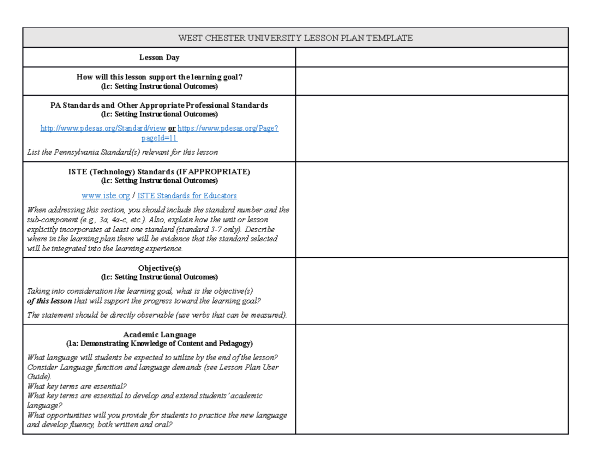 WCU Lesson Plan Template for Effective Instruction Design - Studocu