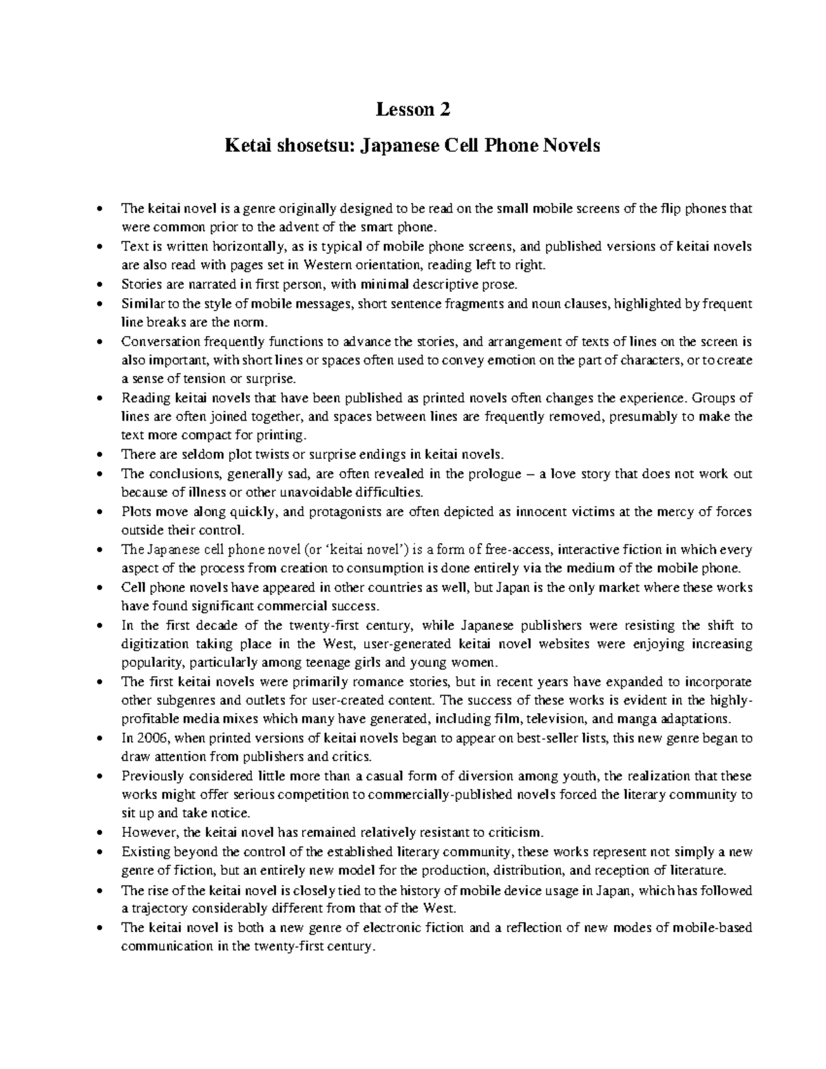 Lesson 2: Exploring Japanese Keitai Cell Phone Novels - Studocu