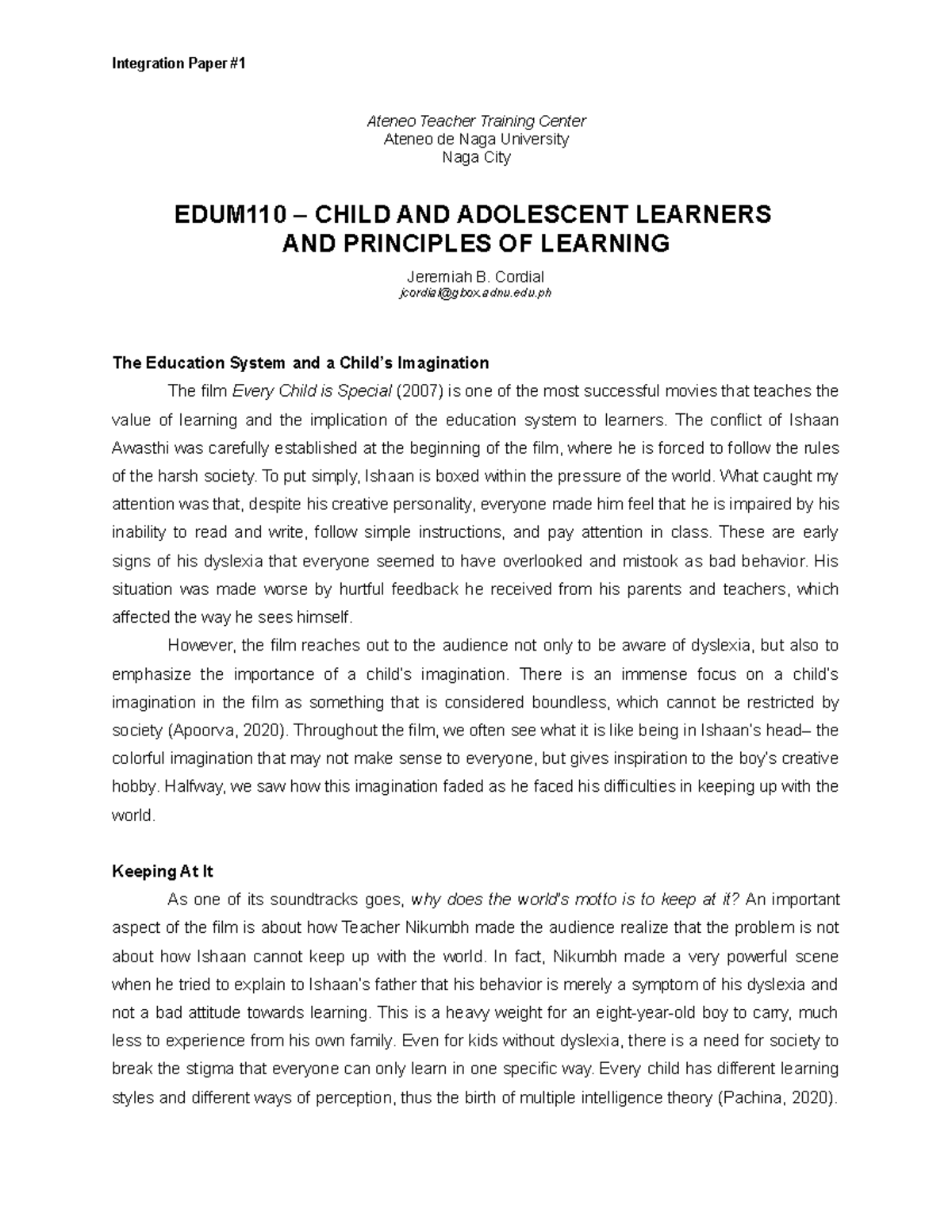 EDUM110: Integration Paper on 'Every Child is Special' Insights - Studocu