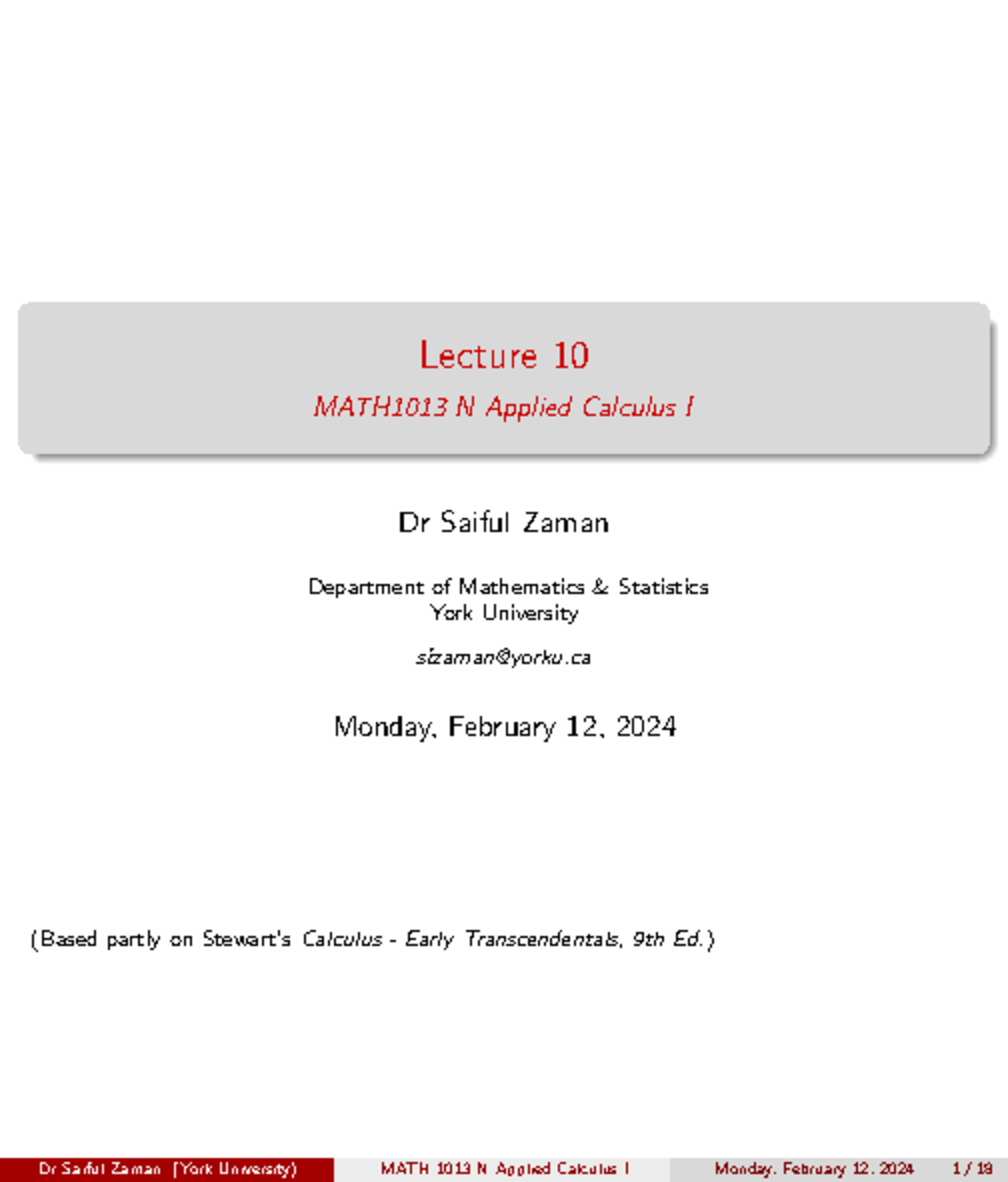 M1013w Lec10 slides - Lecture 10 MATH1013 N Applied Calculus I Dr ...