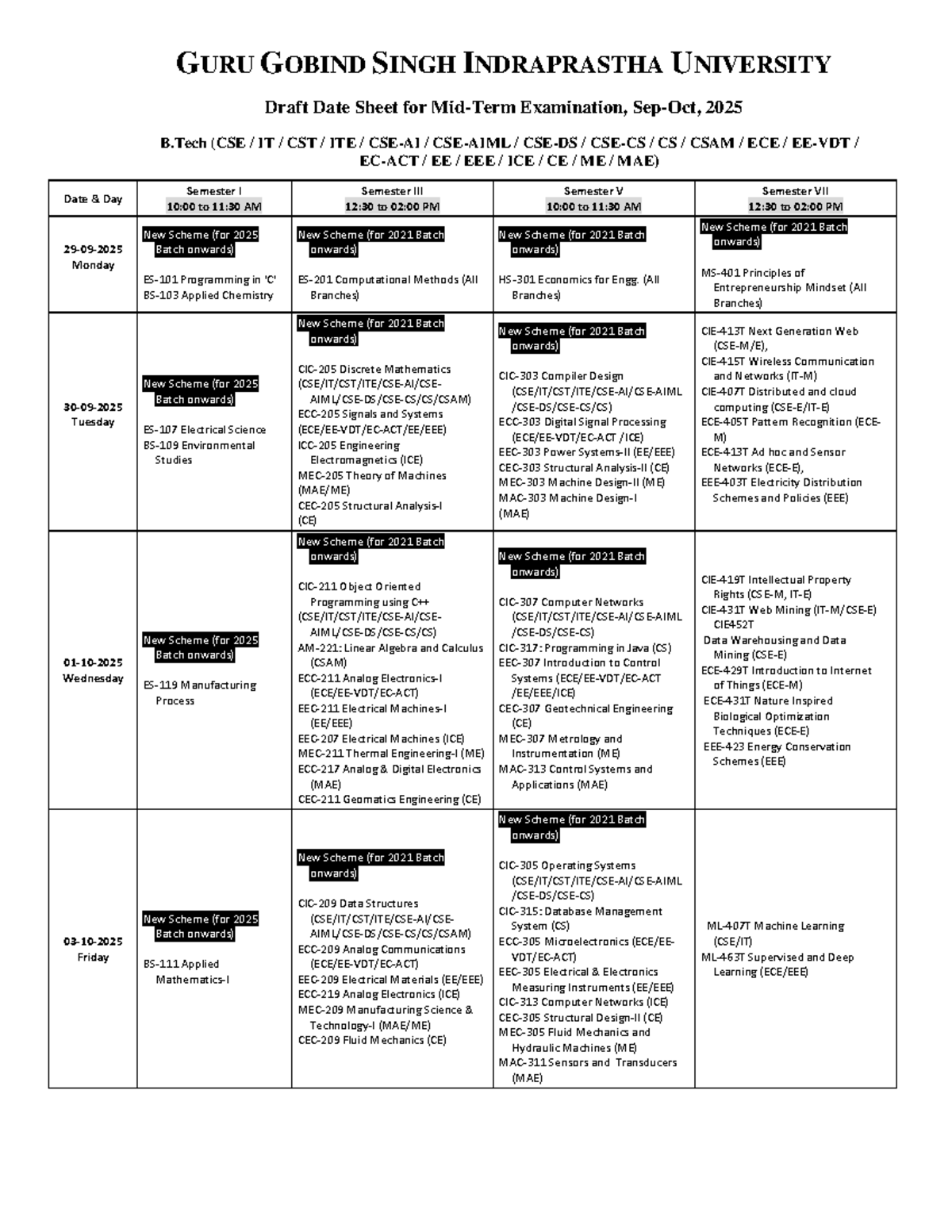 Draft Date Sheet for Mid-Term Exam Sep-Oct 2025 (B.Tech CSE IT CST ITE ...