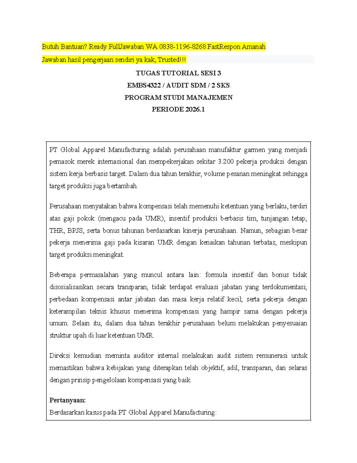 Tugas Tutorial 3: Audit Sistem Remunerasi EMBS4322 Manajemen 2026.1 ...