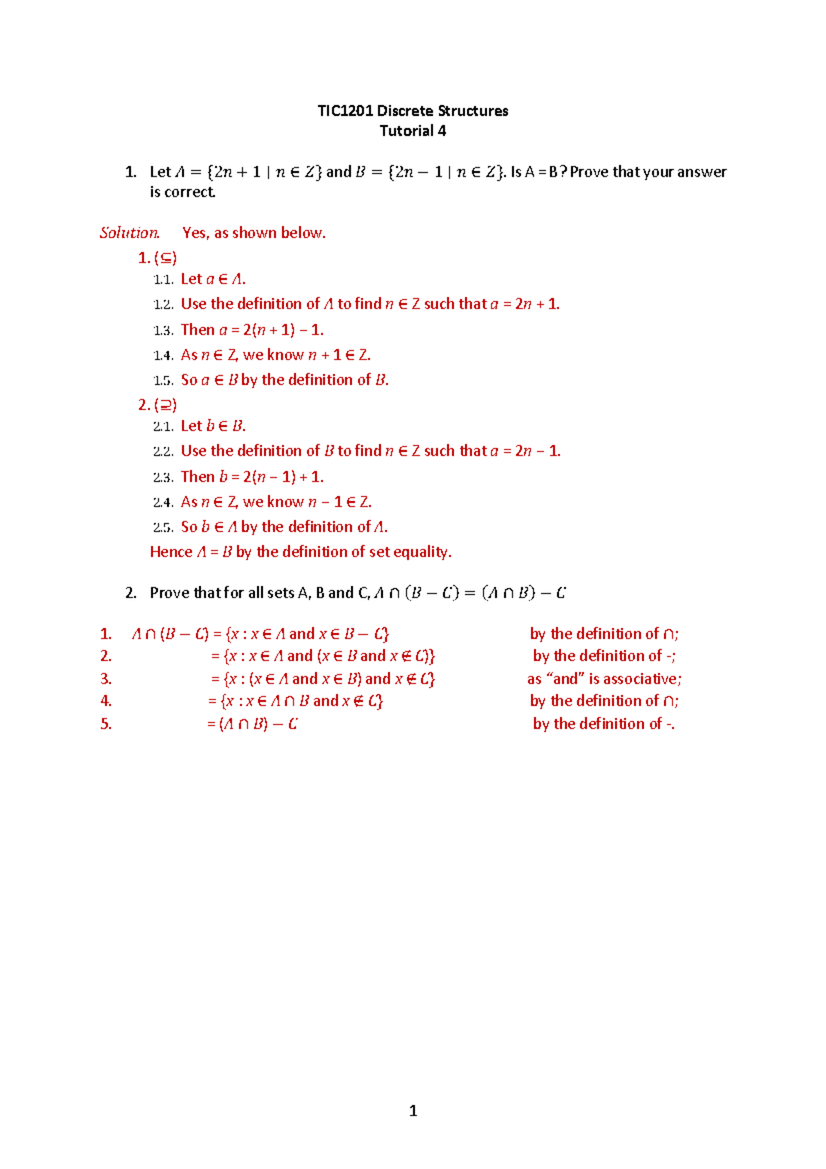 T04 Solution - 1 TIC1201 Discrete Structures Tutorial 4 Let 𝐴 = { 2 𝑛 ...