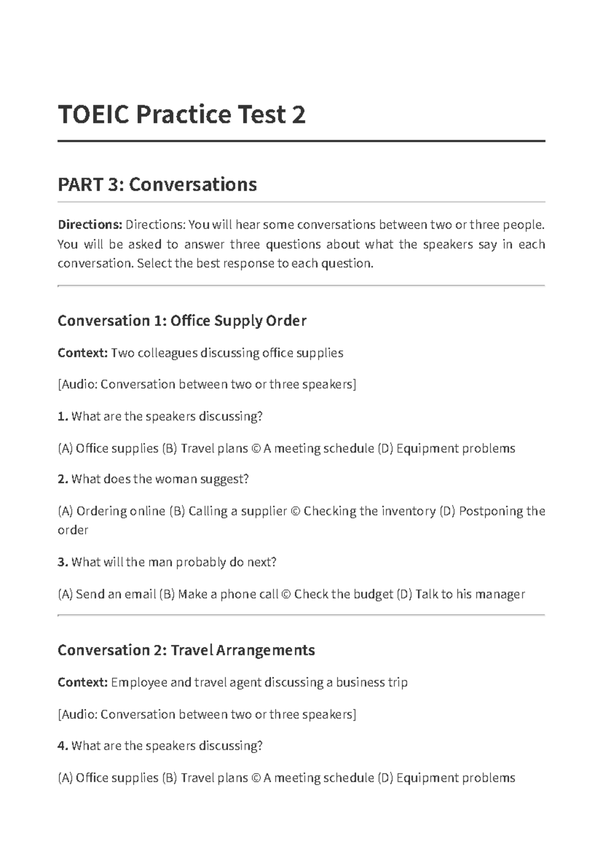 TOEIC Practice Test 2: Part 3 Conversations & Answers - Studocu