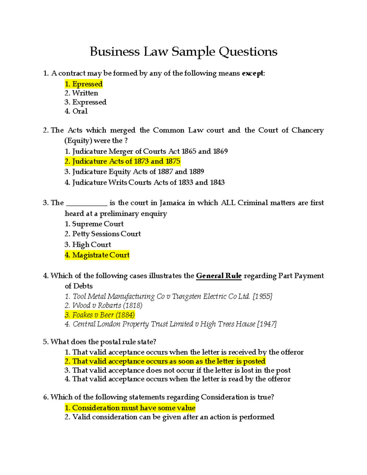 Business Law Sample Questions (BL101) Solutions and Answers - Studocu