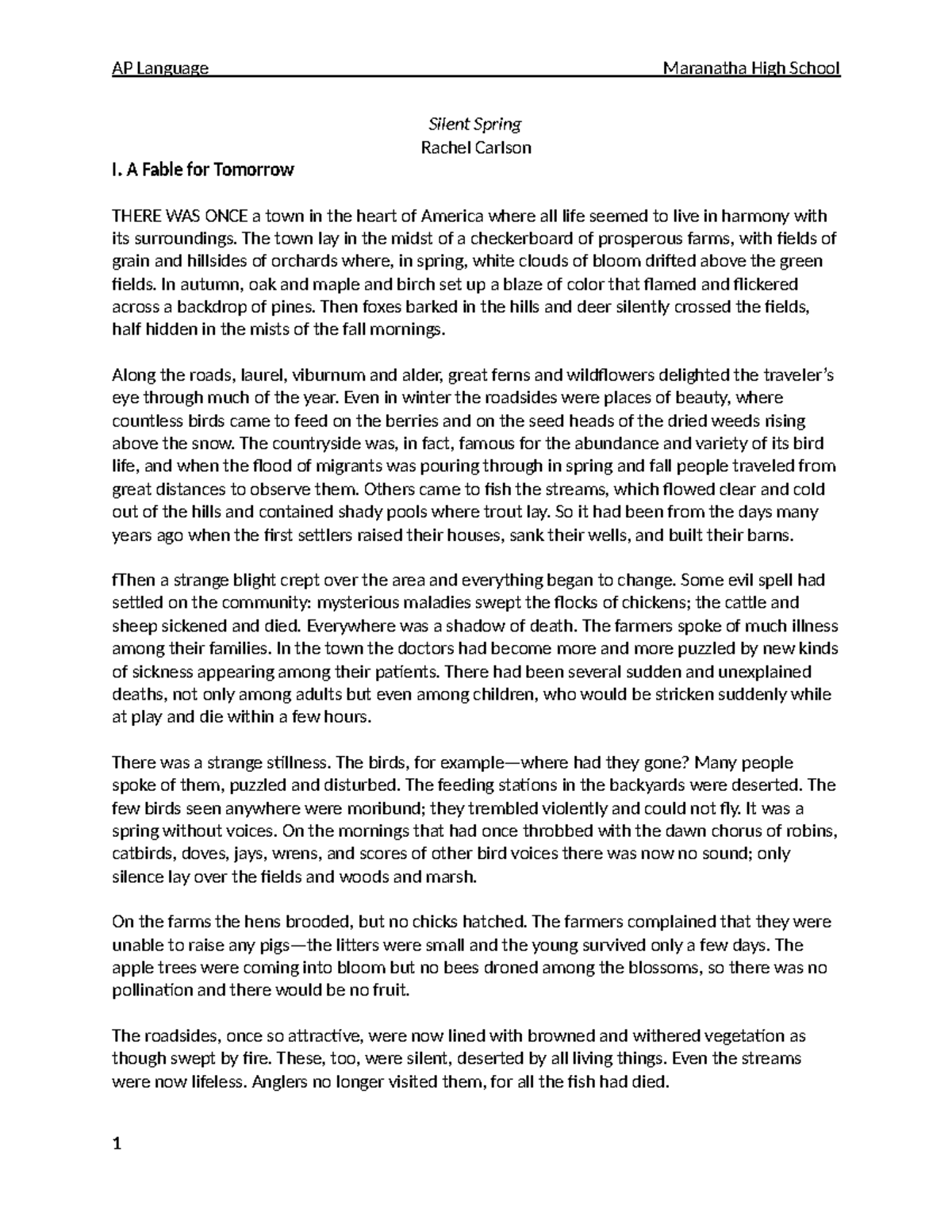 AP Language I: Analysis of Rachel Carson's "Silent Spring" - Studocu