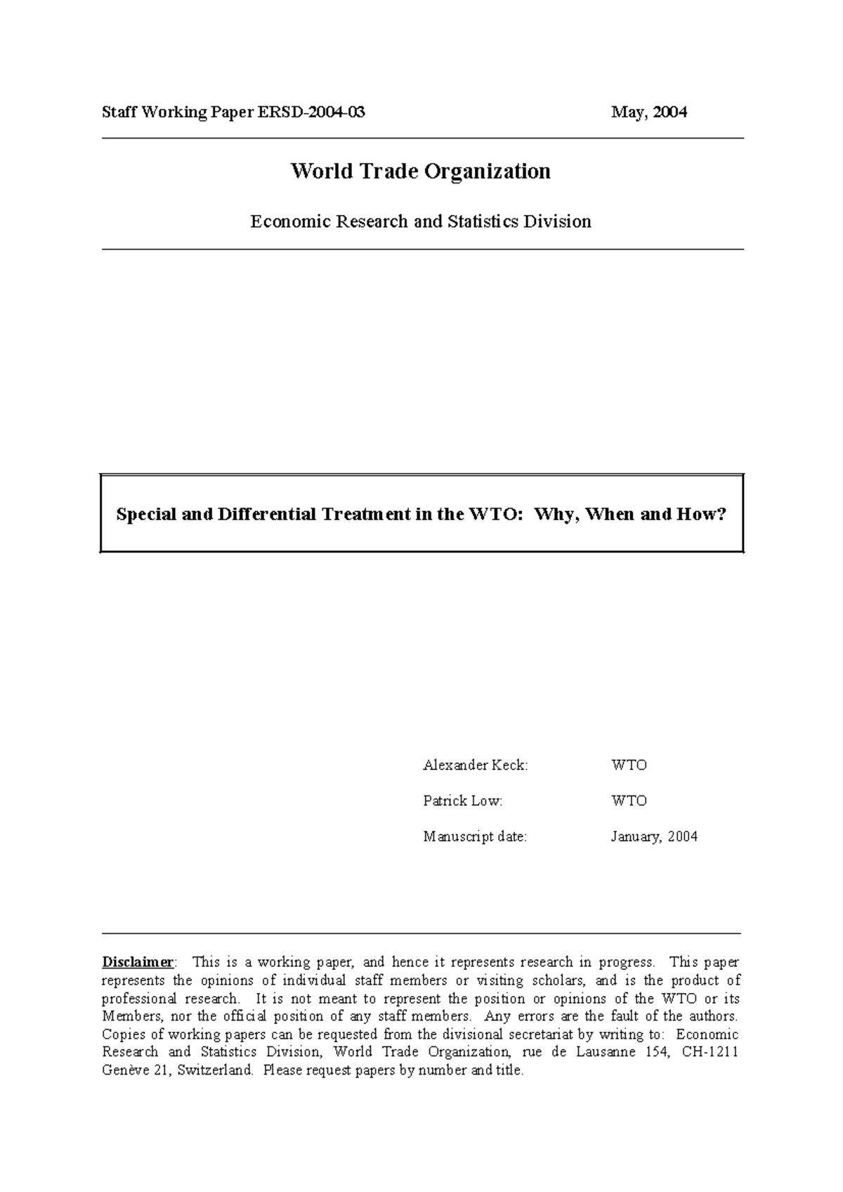 Special and Differential Treatment in the WTO: An Analytical ...