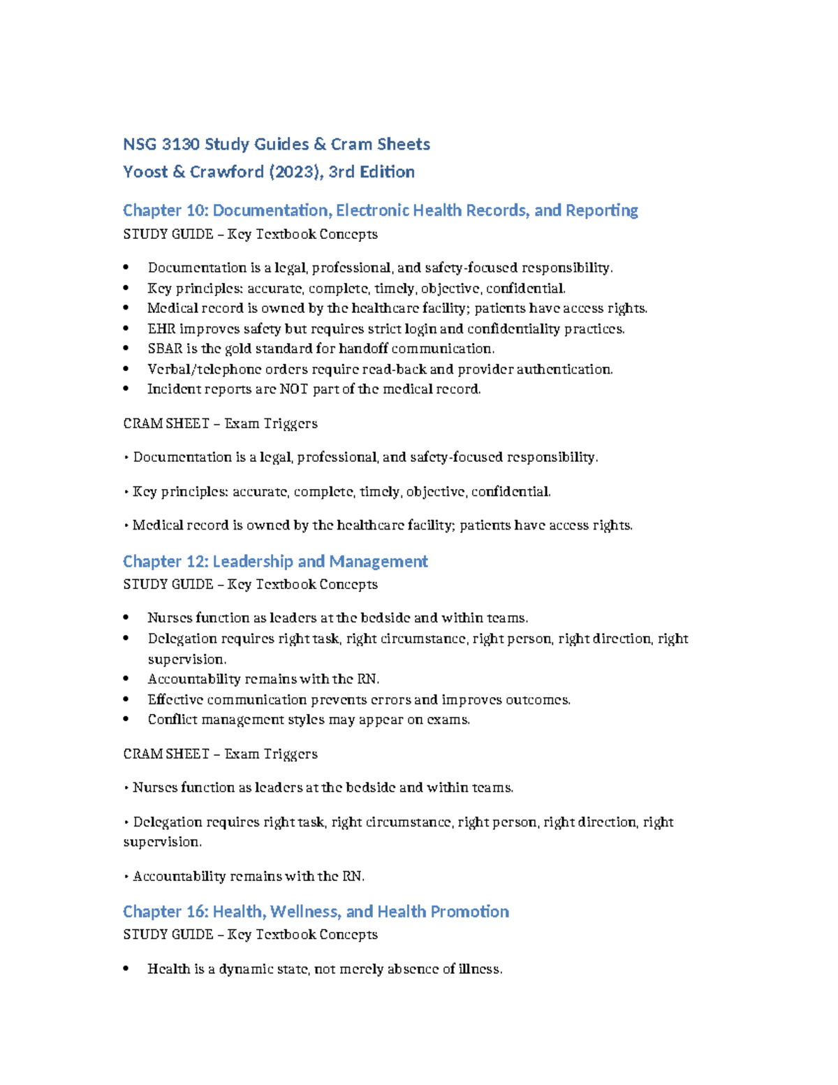 NSG 3130 Yoost Study Guides & Cram Sheets: Key Concepts Overview - Studocu