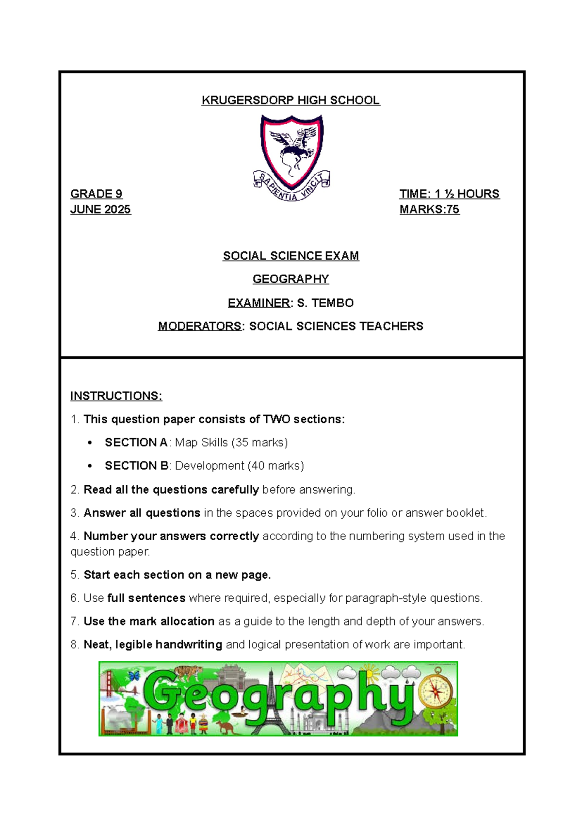 Grade 9 Social Science June 2025 Exam: Geography Focus (75 Marks) - Studocu