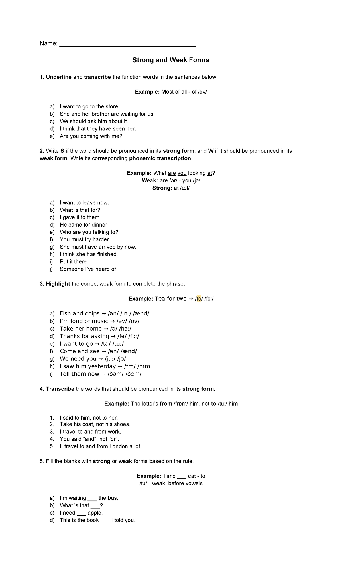 Worksheet 10 - WEAK Forms: Strong and Weak Pronunciation Guide - Studocu