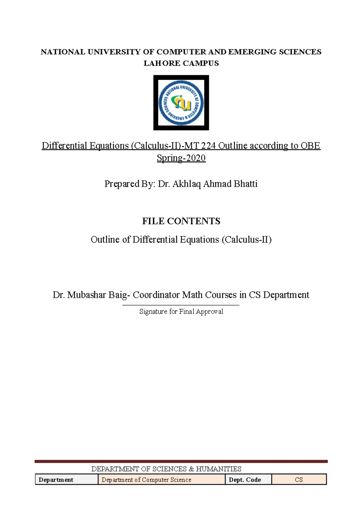 Diff. Eq. Cal-II -CS Outline-OBE Format -Spring-2020 - NATIONAL ...