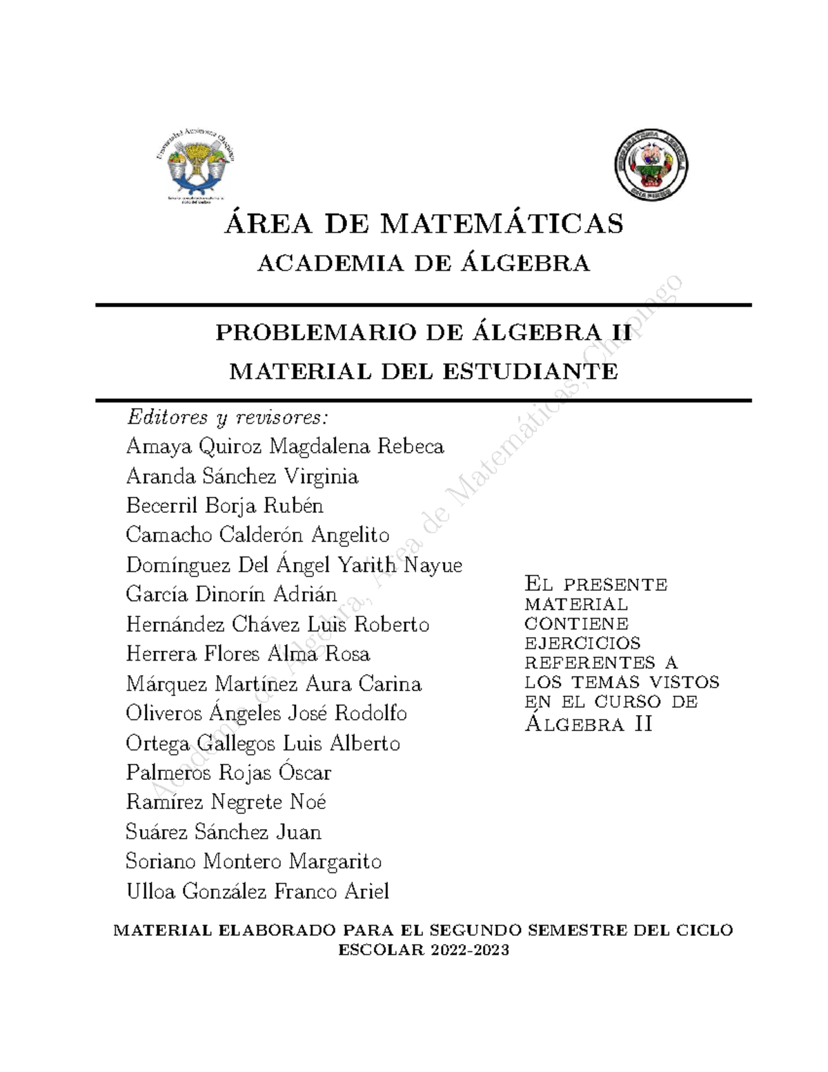 Problemario de Álgebra II - Ejercicios y Material de Estudio 2023 - Studocu