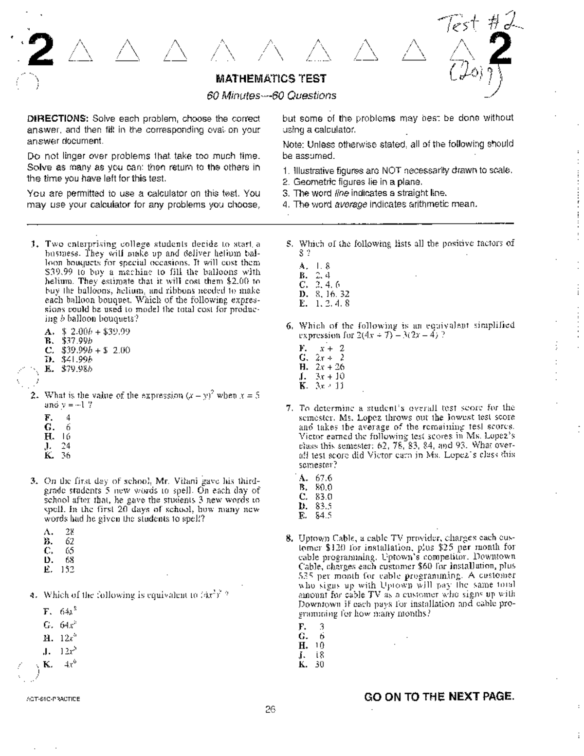 Test 2: Mathematics Practice Test (2019) - 60 Questions - Studocu