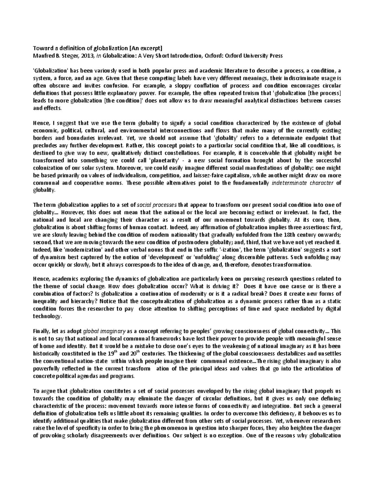 Lecture 1: Defining Globalization - Insights from Steger (2013) - Studocu