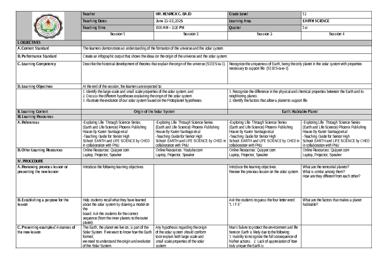 Q1 Lesson Plan: Earth Origin & Habitability Factors (Grade 12) - Studocu
