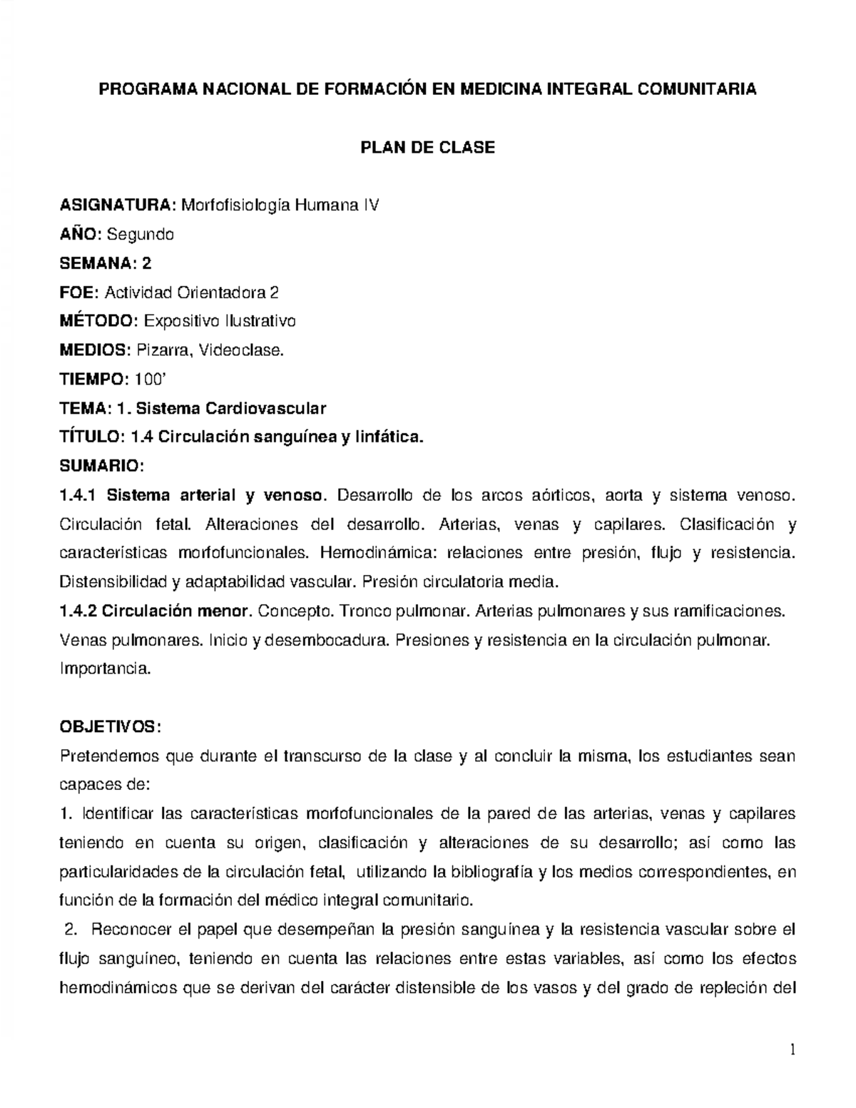 Plan de Clase: Circulación Sanguínea y Linfática - Morfo IV - Studocu