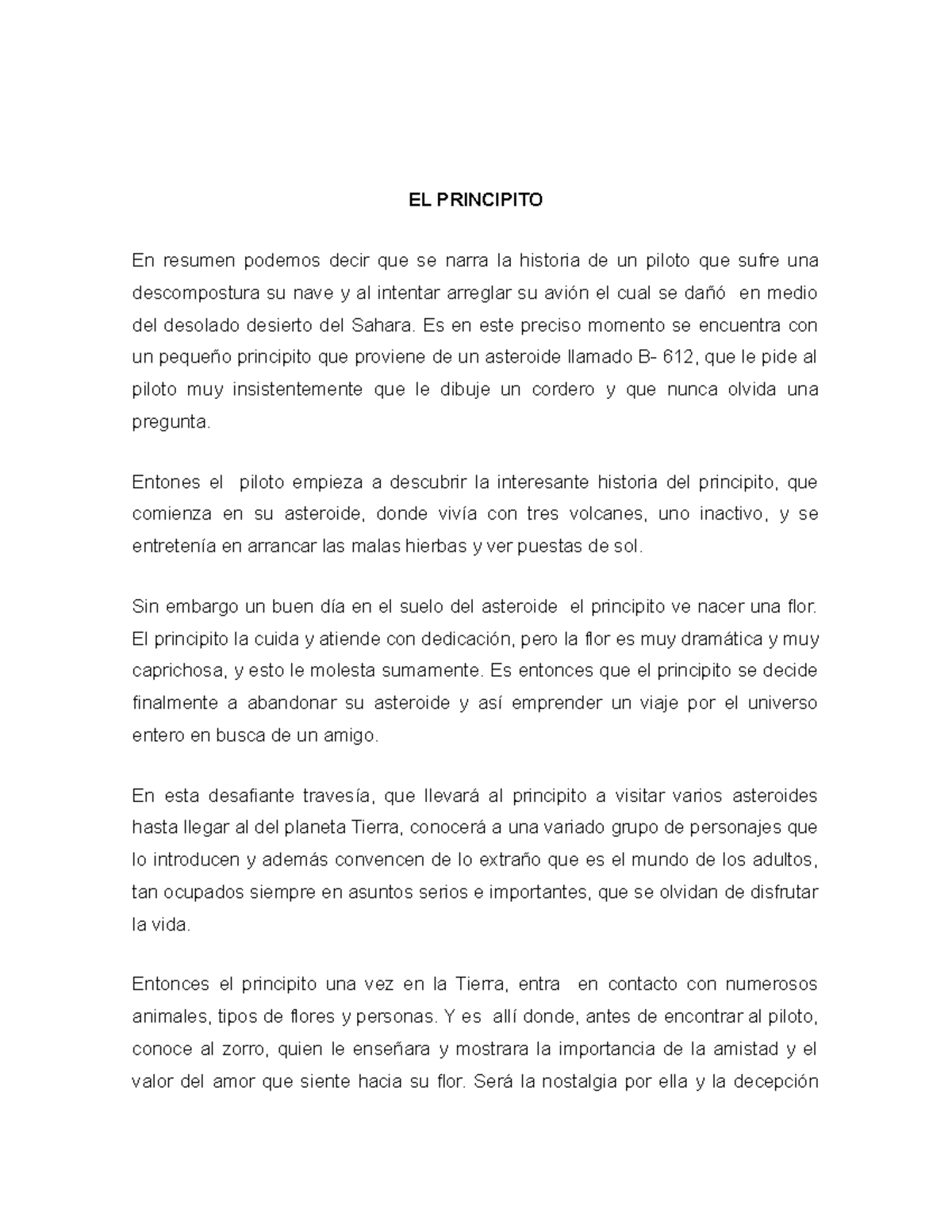 El Principito: Resumen Breve y Análisis Temático - Studocu
