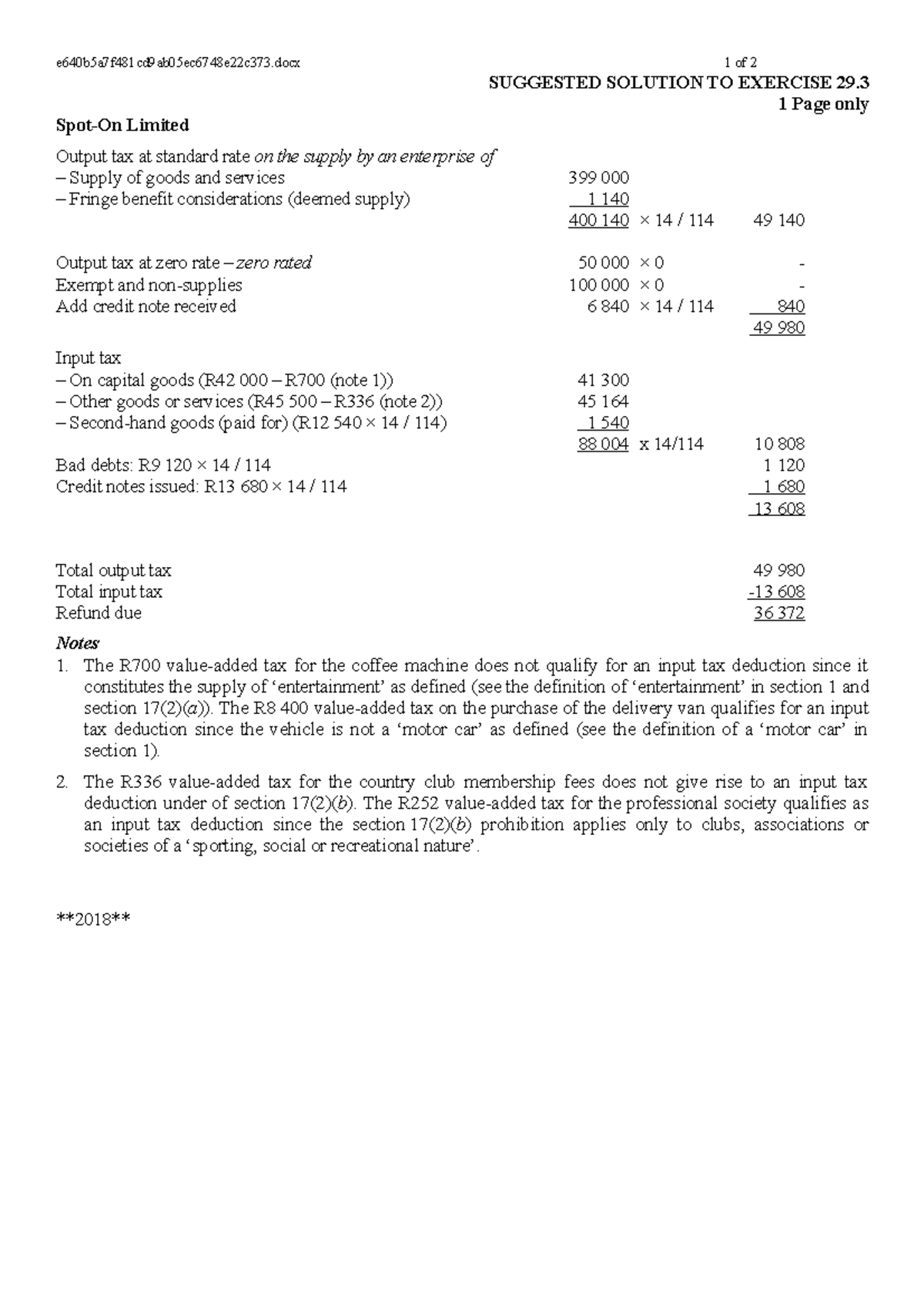 Tax - 03 - Practice VAT2 2018 - e640b5a7f481cd9ab05ec6748e22c373 1 of 2 SUGGESTED SOLUTION TO ...