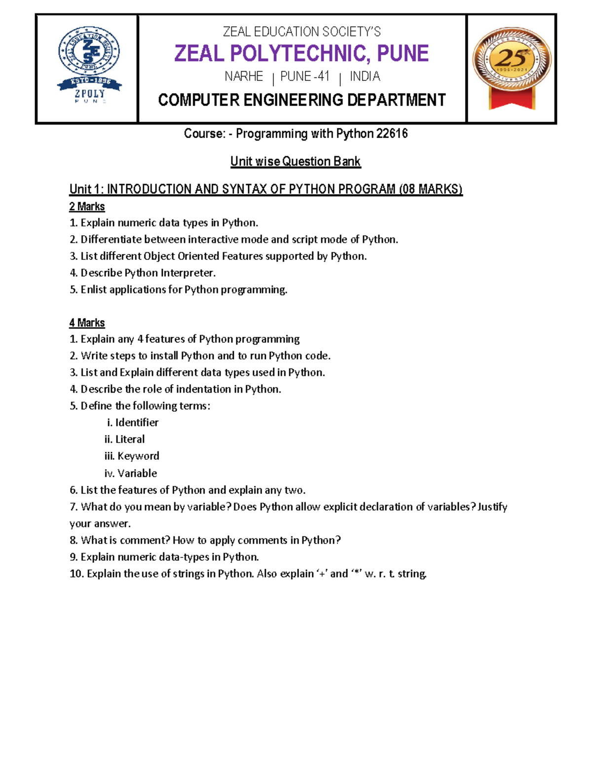 PWP uniwize QB - Python imp questions - ZEAL POLYTECHNIC, PUNE NARHE ...