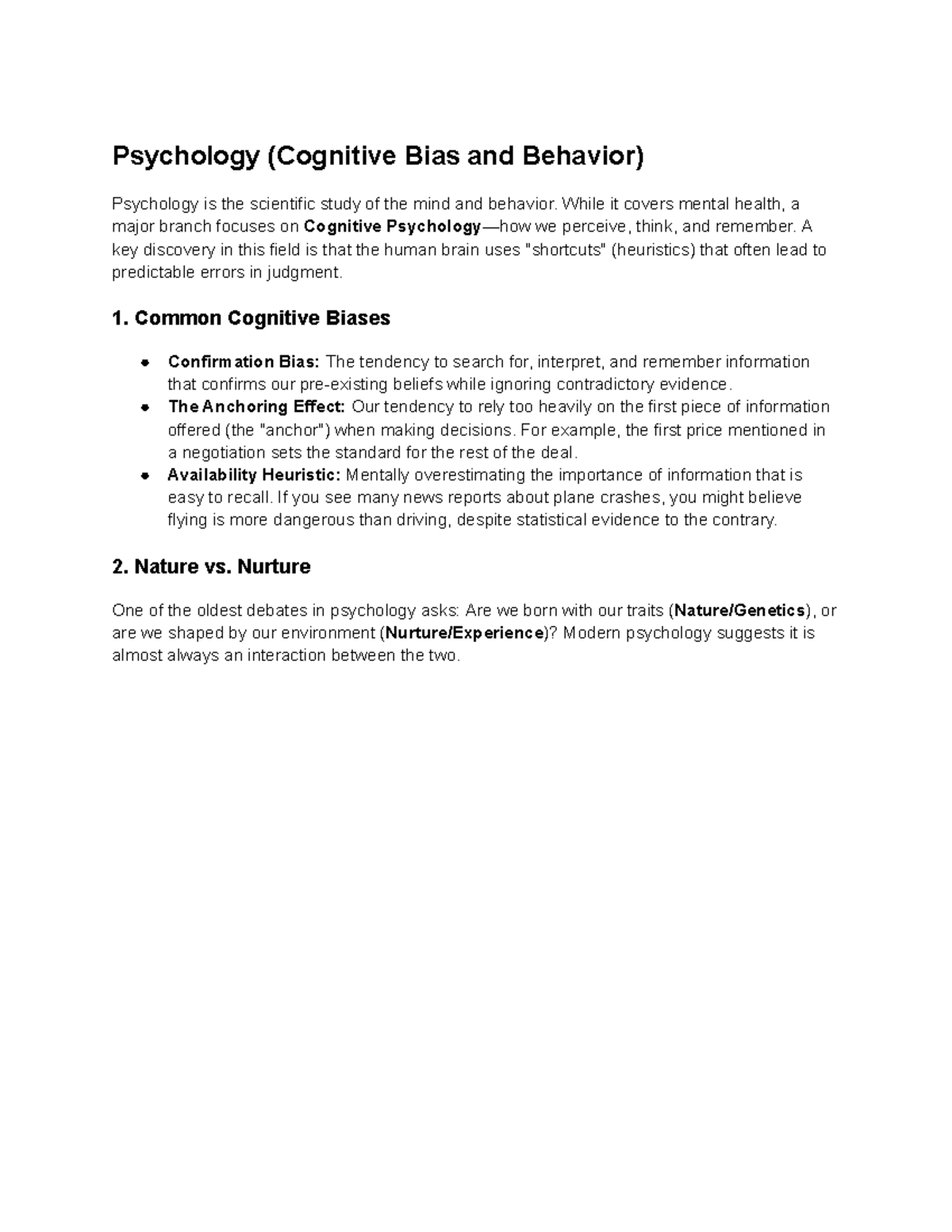 Psychology (Cognitive Bias & Behavior) Overview and Key Concepts - Studocu