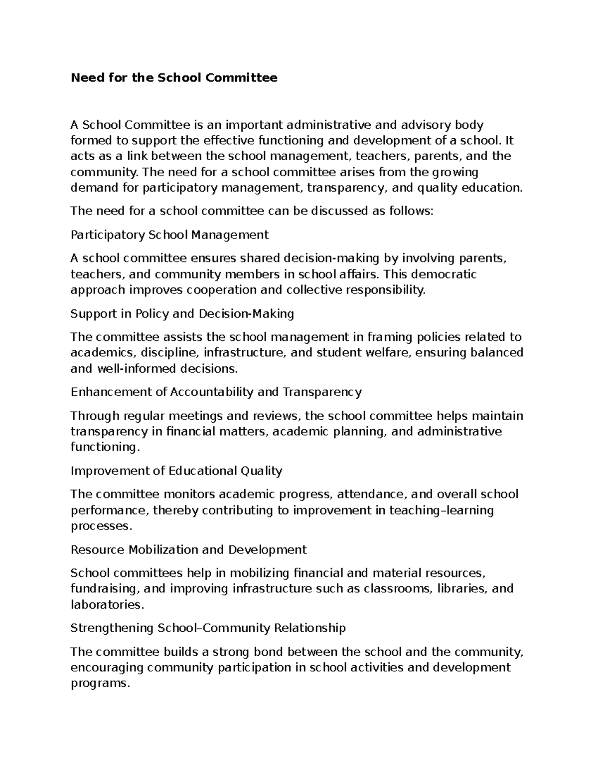 Need for School Committees - Assignment Answer - Studocu