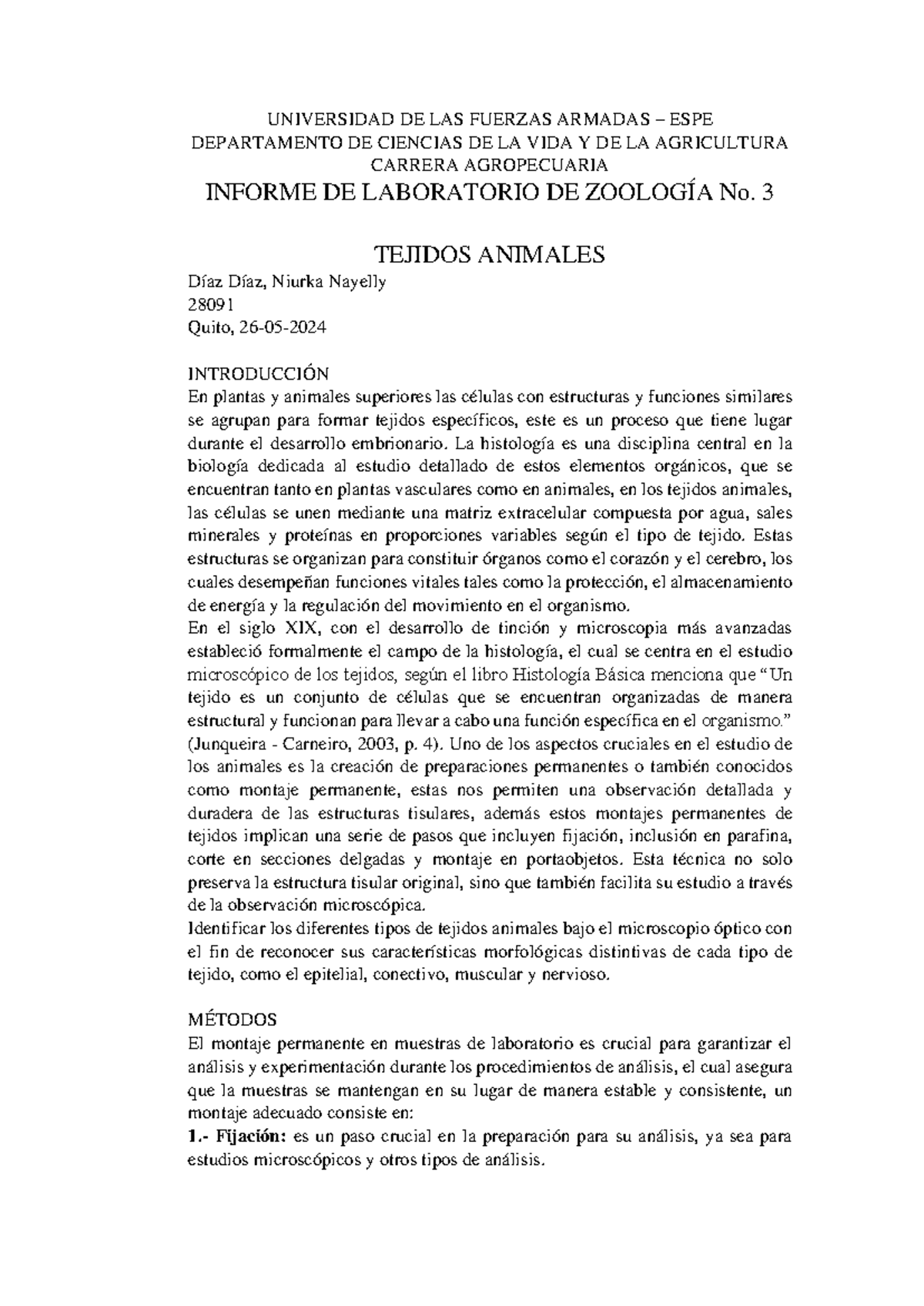 Informe de Laboratorio de Zoología No. 3: Tejidos Animales 15694 - Studocu