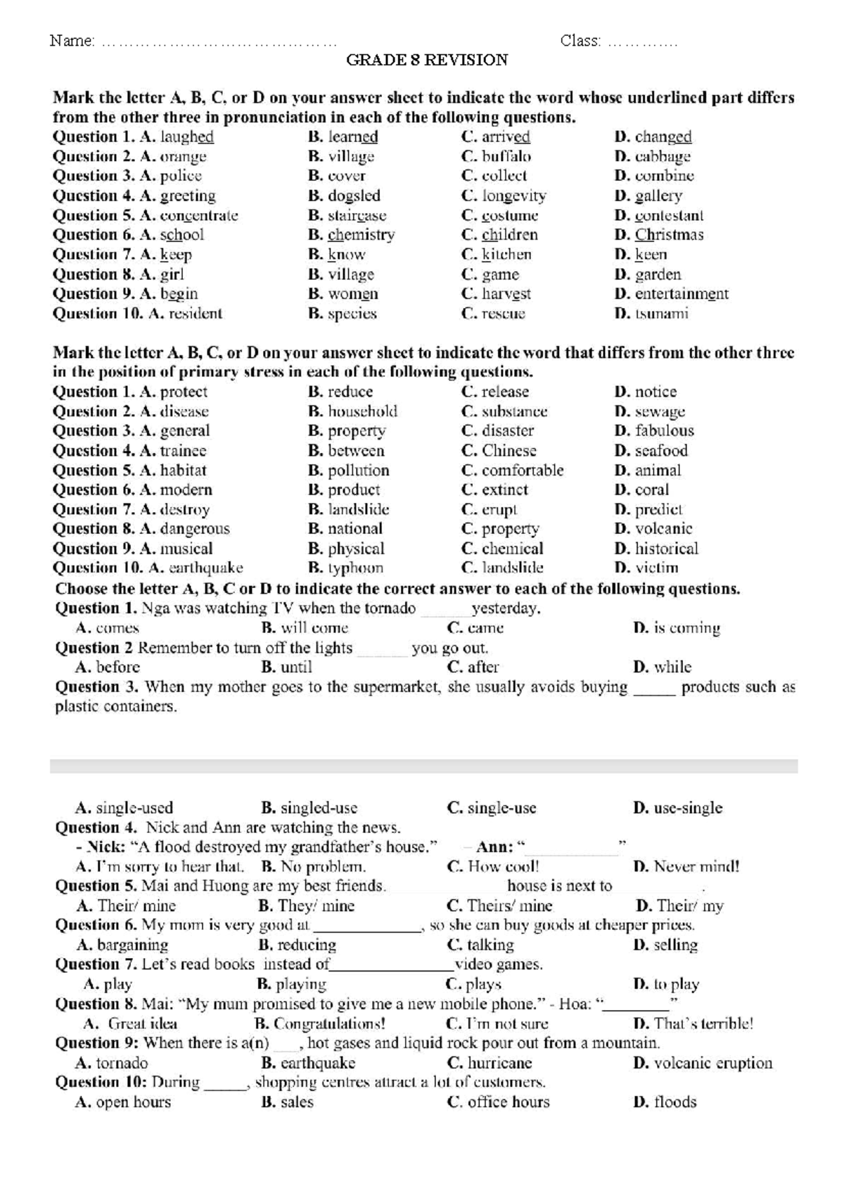 Grade 8 Sample Test 1 & 2 Revision Guide (HS) - Studocu