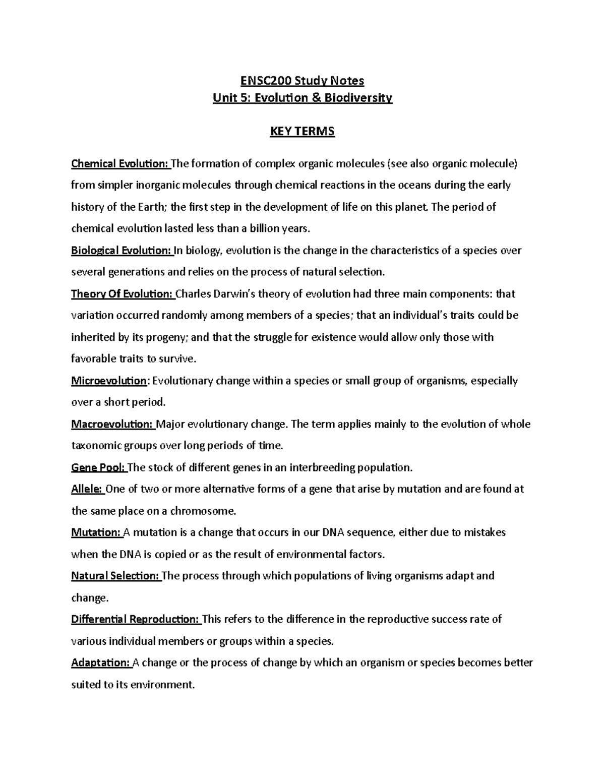 ENSC200; Unit 5: Evolution & Biodiversity Study Guide Notes - Studocu