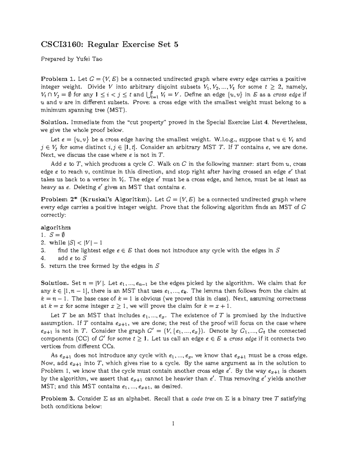 CSCI3160: Regular Exercise Set 5 Solution on Minimum Spanning Trees - Studocu