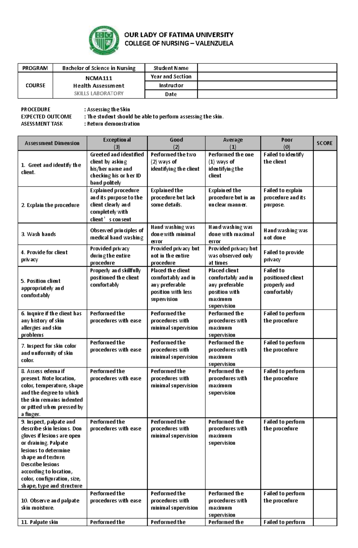 Health Assessment Skills Lab: Integumentary System Rubric (NURS 101 ...