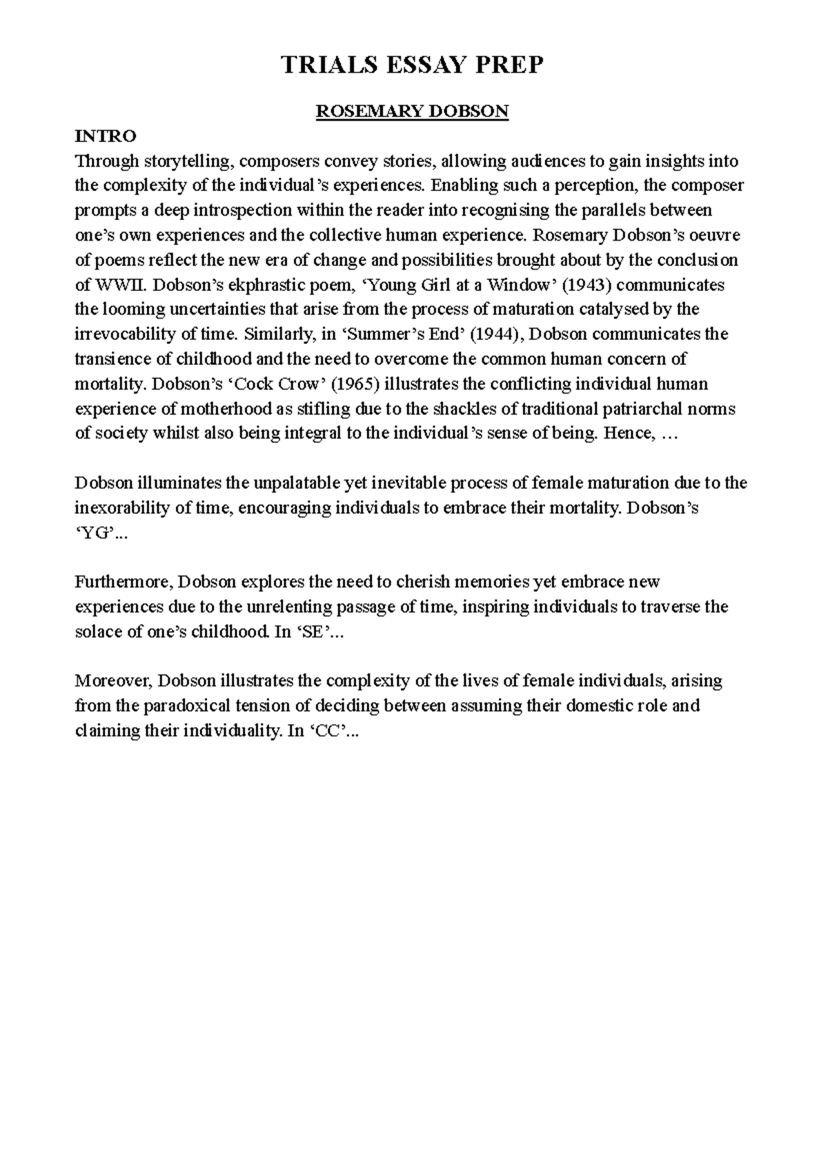 TRIALS ESSAY PREP: ROSEMARY DOBSON'S POETIC EXPLORATIONS - Studocu