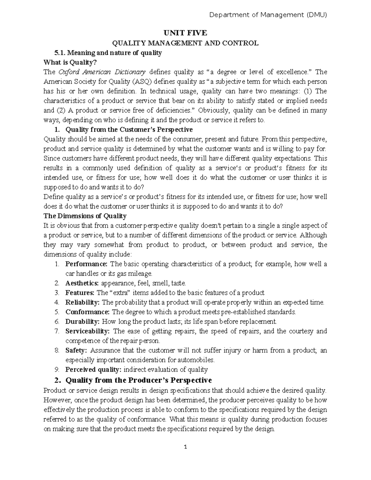 DMU Quality Management and Control: Chapter 5 Overview - Studocu