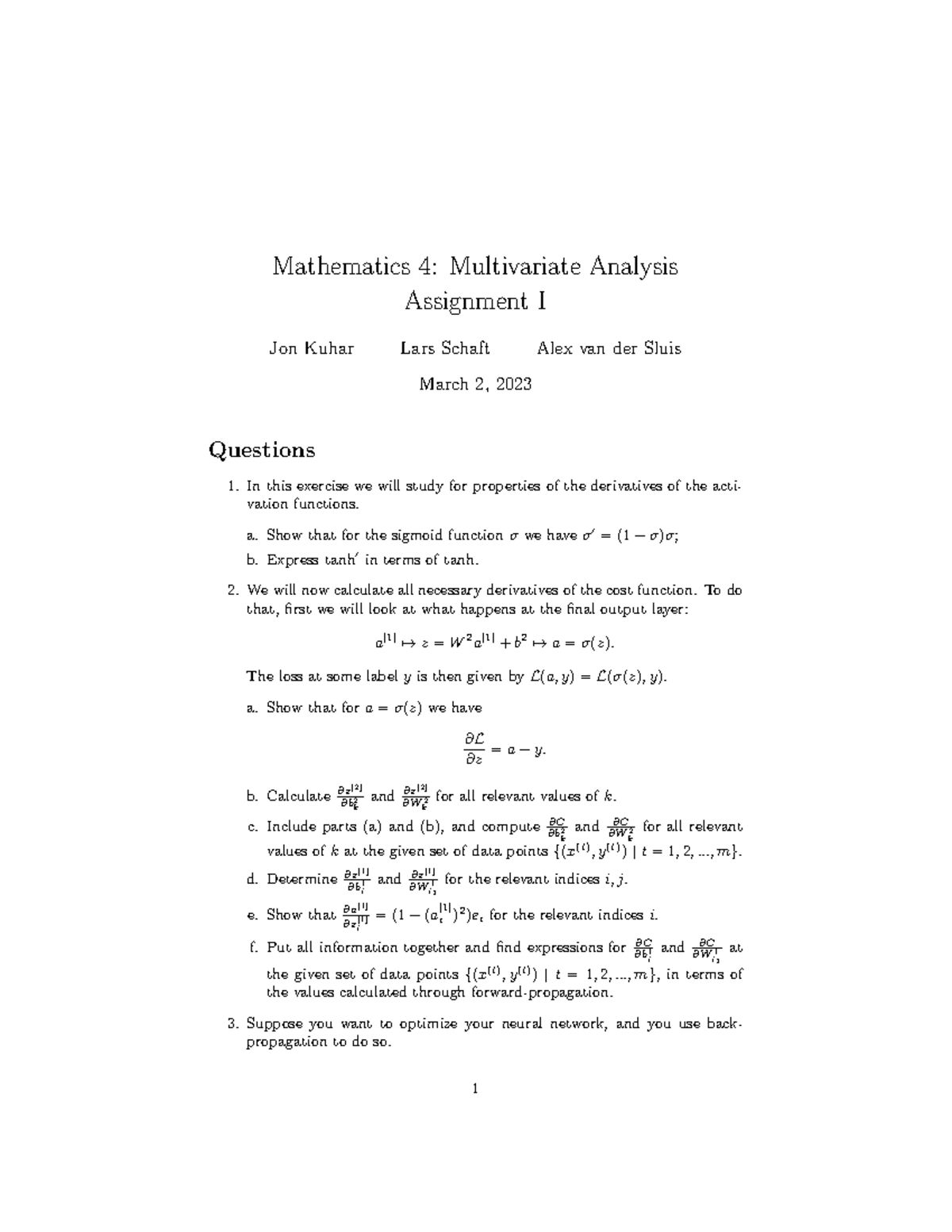 Mathematics 4: Multivariate Analysis Assignment I Solutions - Studeersnel