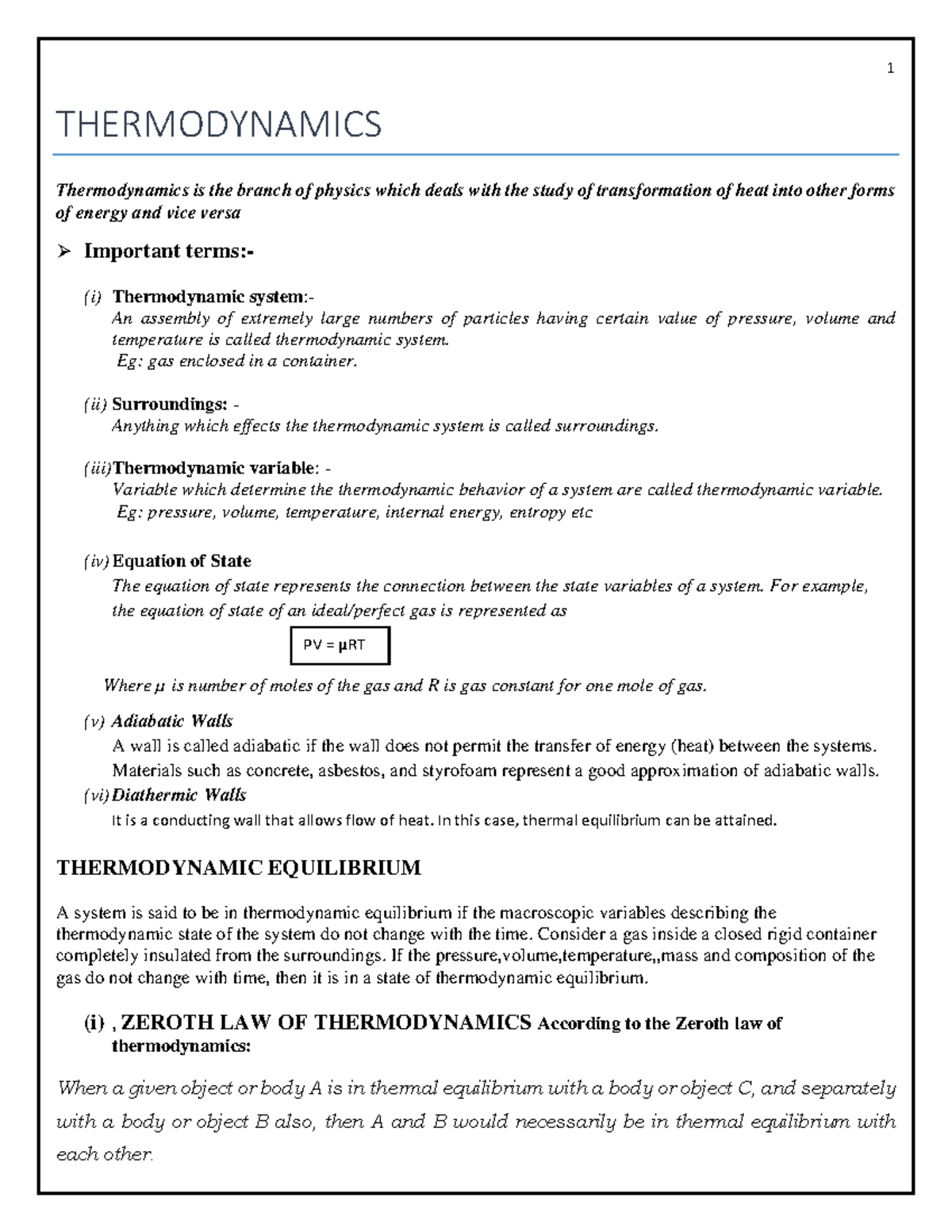 Thermodynamics Notes (PHYS 101): Key Concepts and Principles - Studocu