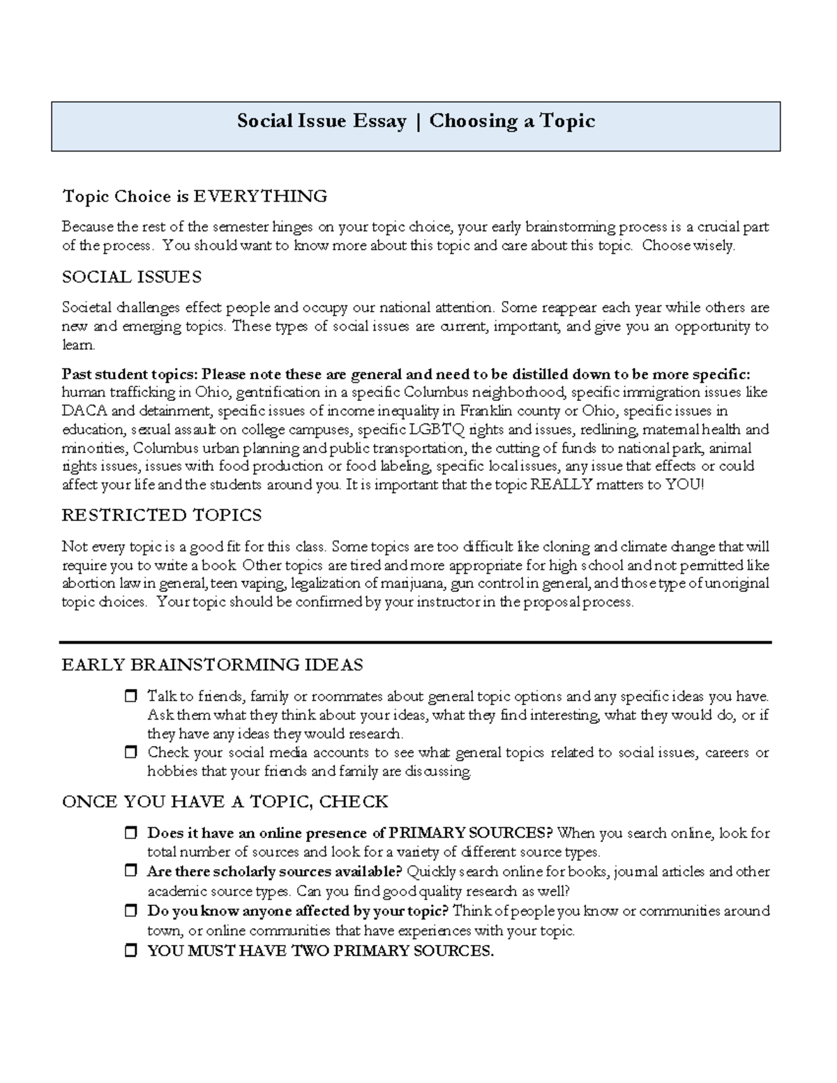 SOC 101: Social Issue Essay - Choosing the Right Topic - Studocu