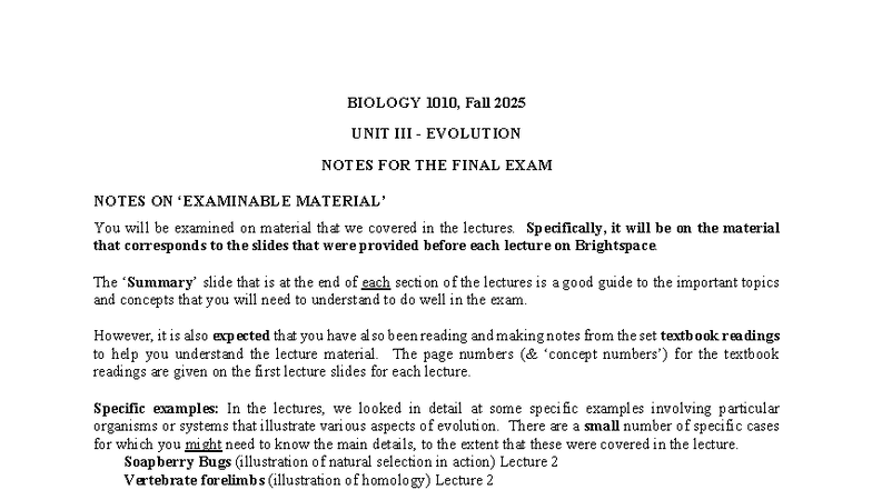 BIOLOGY 1010, Fall 2025 Final Exam Evolution Unit Study Guide - Studocu