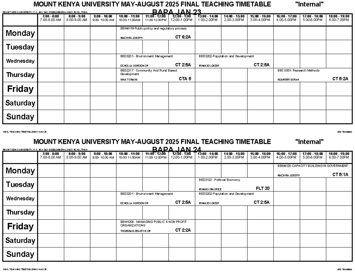 MOUNT KENYA UNIVERSITY 2025 FINAL TEACHING TIMETABLE - Studocu