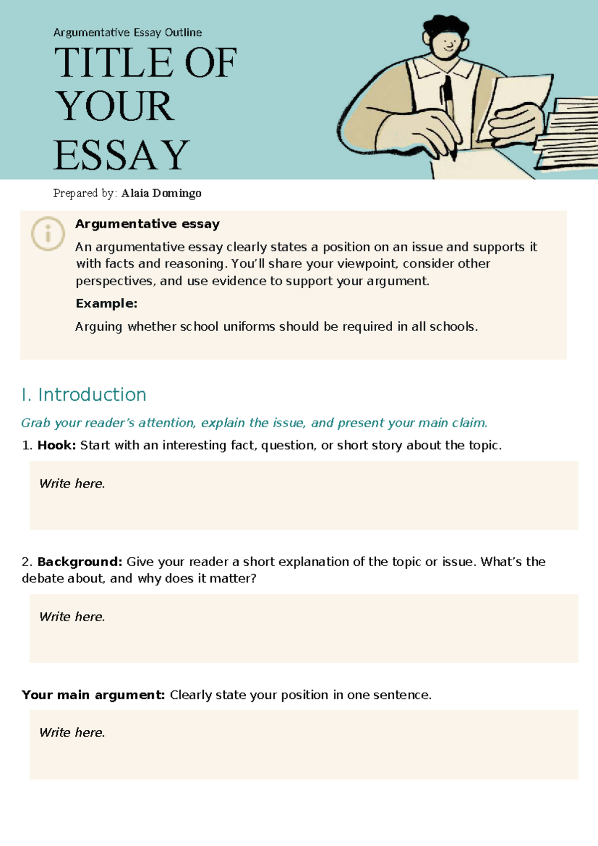 Argumentative Essay Outline (ENG 101) - Template by Alaia Domingo - Studocu