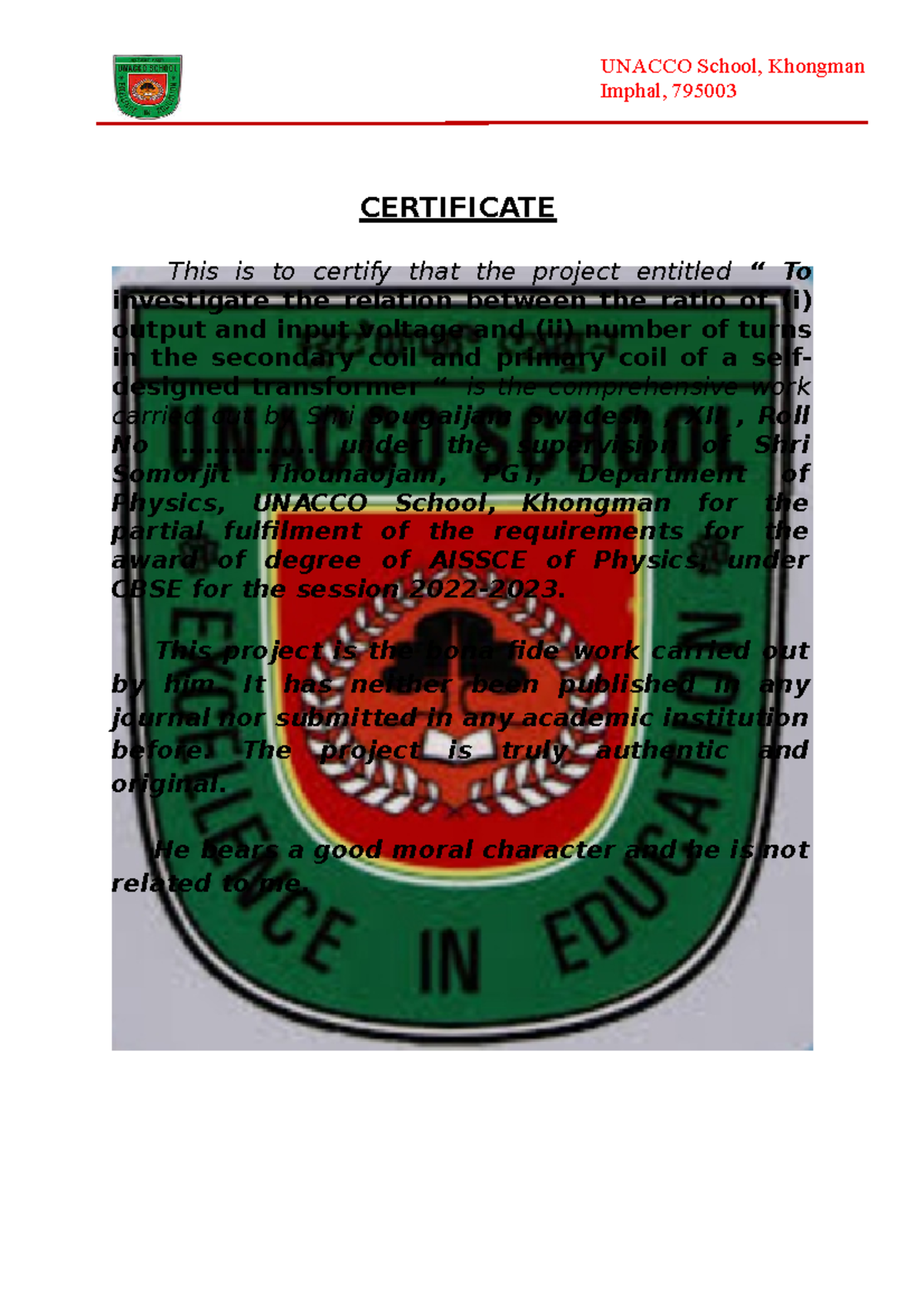 Phy certificate - this is for the class 12 practical exam - CERTIFICATE ...