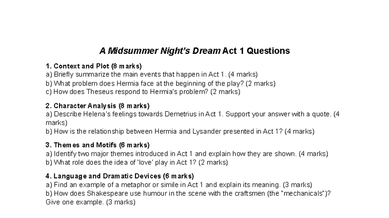 A Midsummer Night's Dream: Act 1 Analysis Questions - Studocu